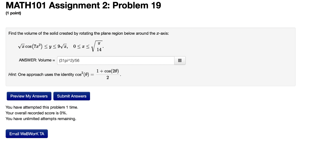 Solved MATH101 Assignment 2: Problem 19 (1 point) Find the | Chegg.com