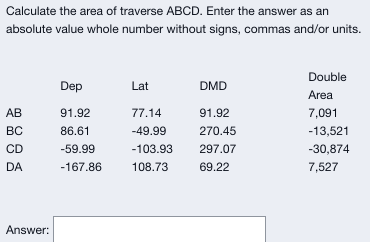 Solved Calculate the area of traverse ABCD. Enter the answer | Chegg.com
