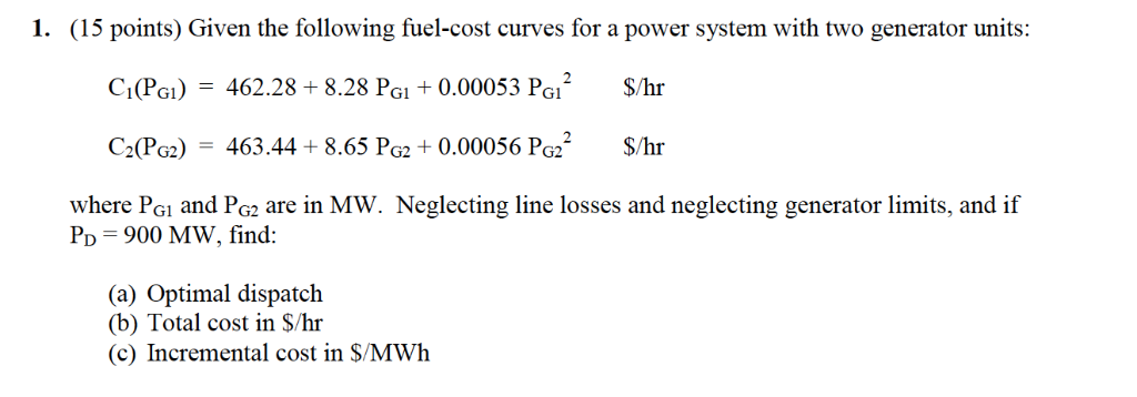 Solved 1. (15 points) Given the following fuel-cost curves | Chegg.com