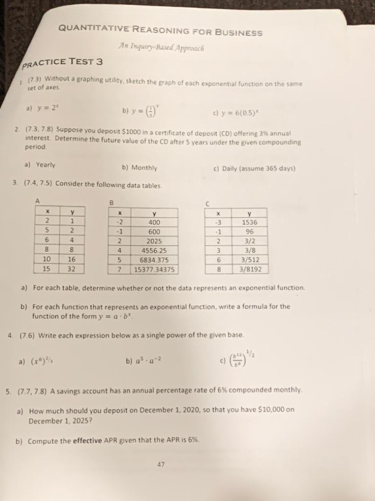Solved QUANTITATIVE REASONING FOR BUSINESS An Inquiry-Based | Chegg.com