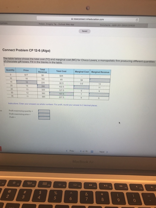 Solved Connect Problem CP 12-6 (Algo) The toble below shows | Chegg.com