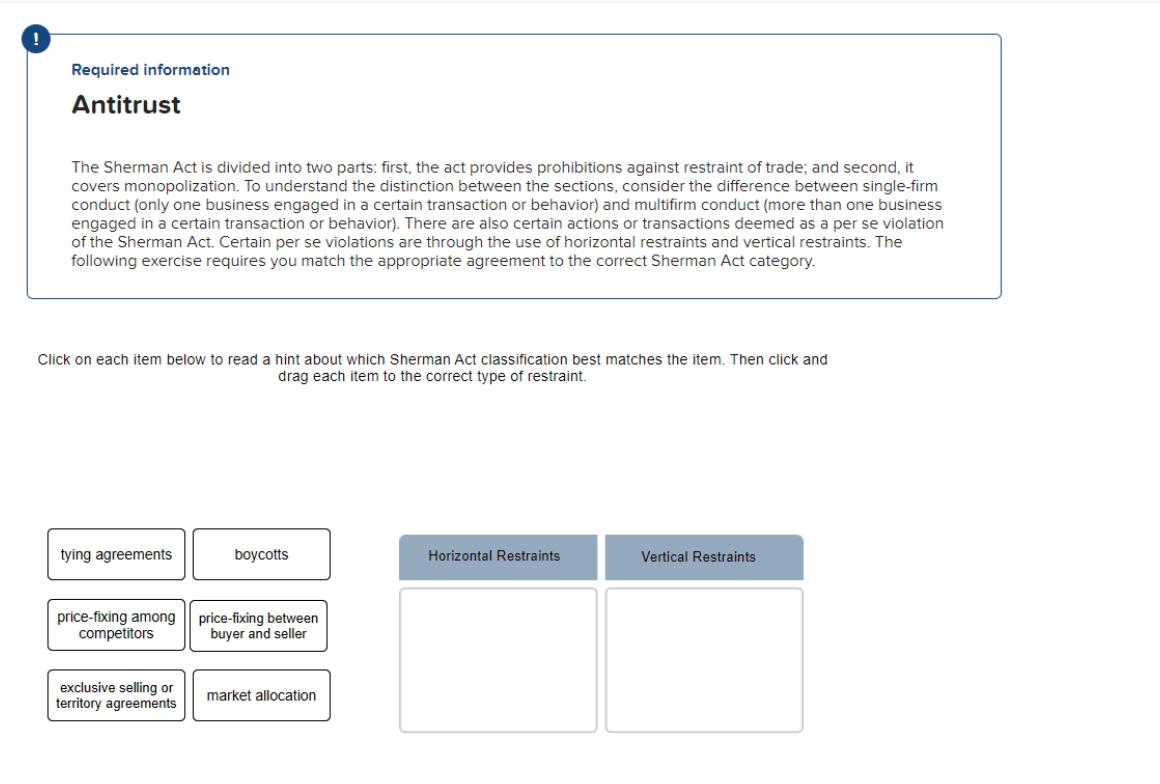 Solved Antitrust The Sherman Act is divided into two parts: | Chegg.com