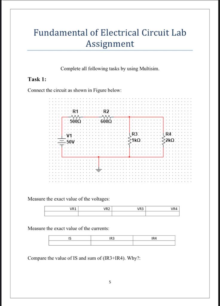 Solved Fundamental of Electrical Circuit Lab Assignment | Chegg.com