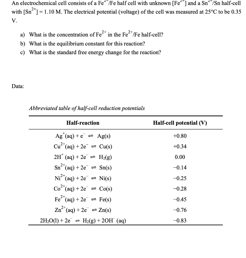 Solved An electrochemical cell consists of a Fe +/Fe half | Chegg.com