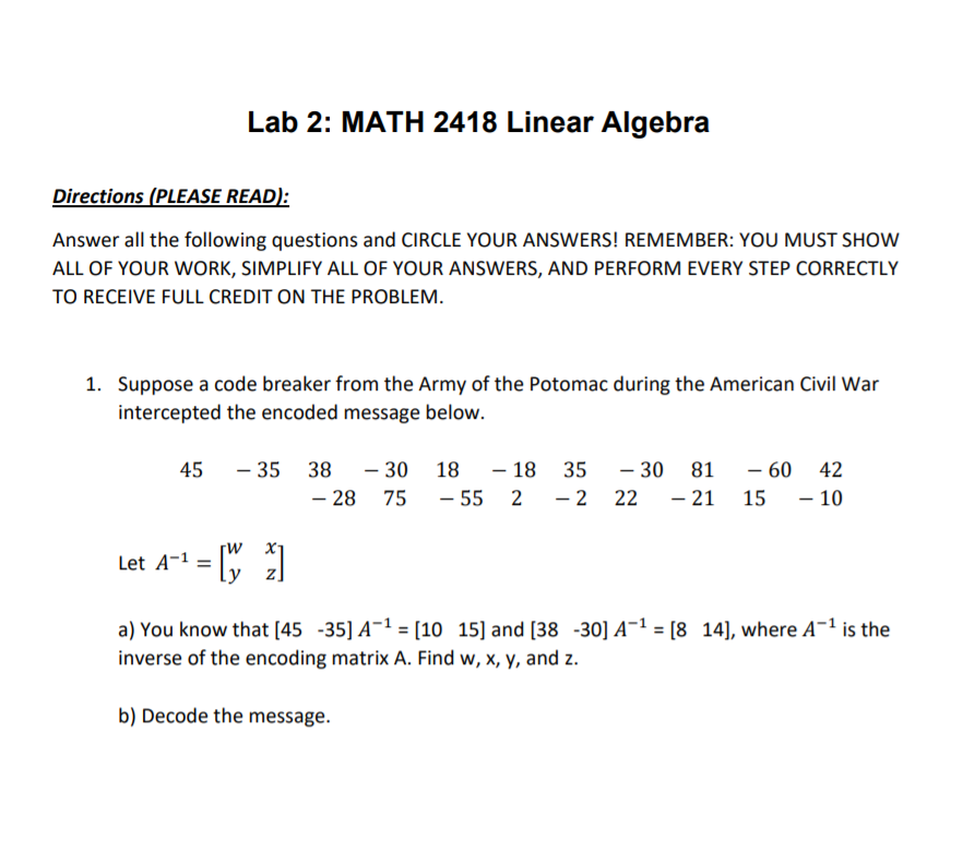 Solved Lab 2: MATH 2418 Linear Algebra Directions (PLEASE | Chegg.com