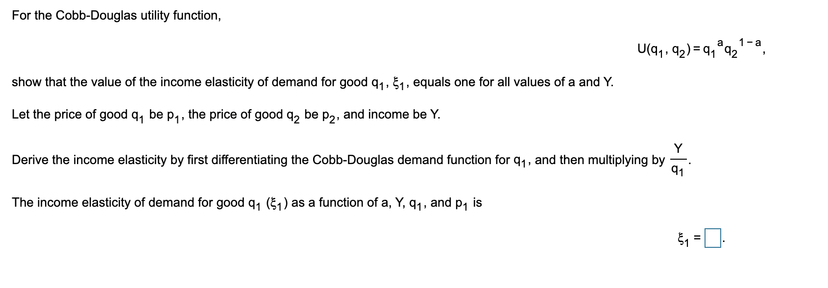Solved For the Cobb-Douglas utility function, a 1-a U(91, | Chegg.com