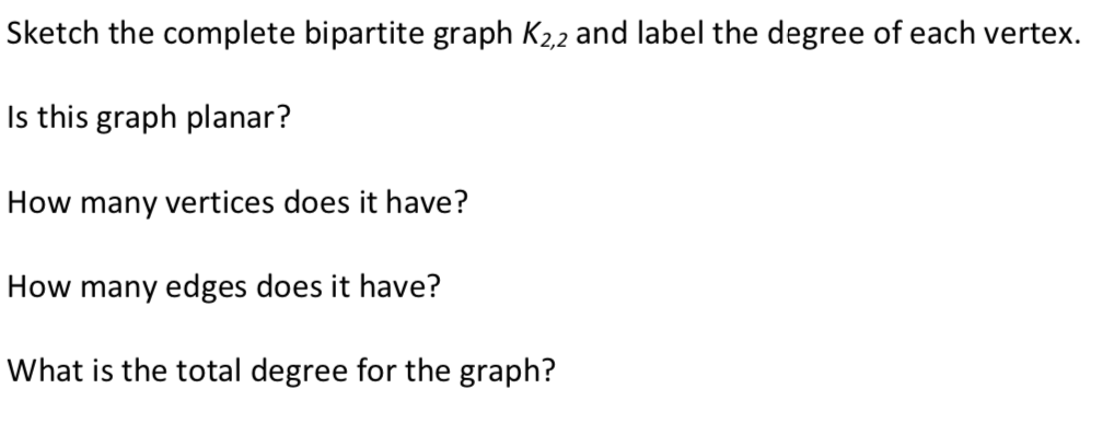 Solved Sketch the complete bipartite graph K2,2 and label | Chegg.com
