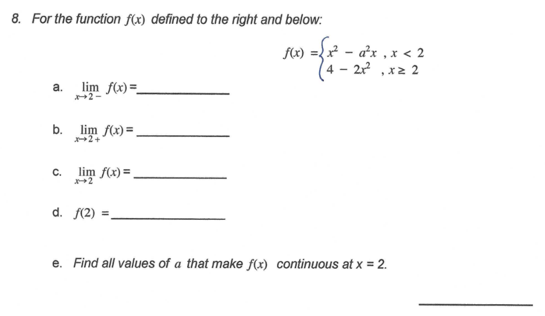 Solved 8. For the function f(x) defined to the right and | Chegg.com