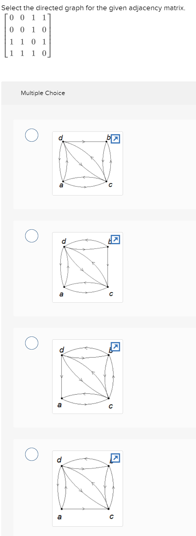 Solved Select the directed graph for the given adjacency | Chegg.com