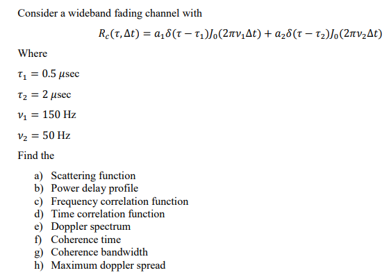 Consider a wideband fading channel with Re(t, At) = | Chegg.com