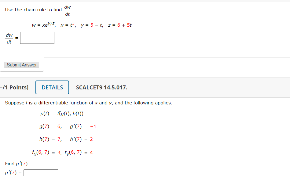 Solved Use the chain rule to find dtdw. | Chegg.com