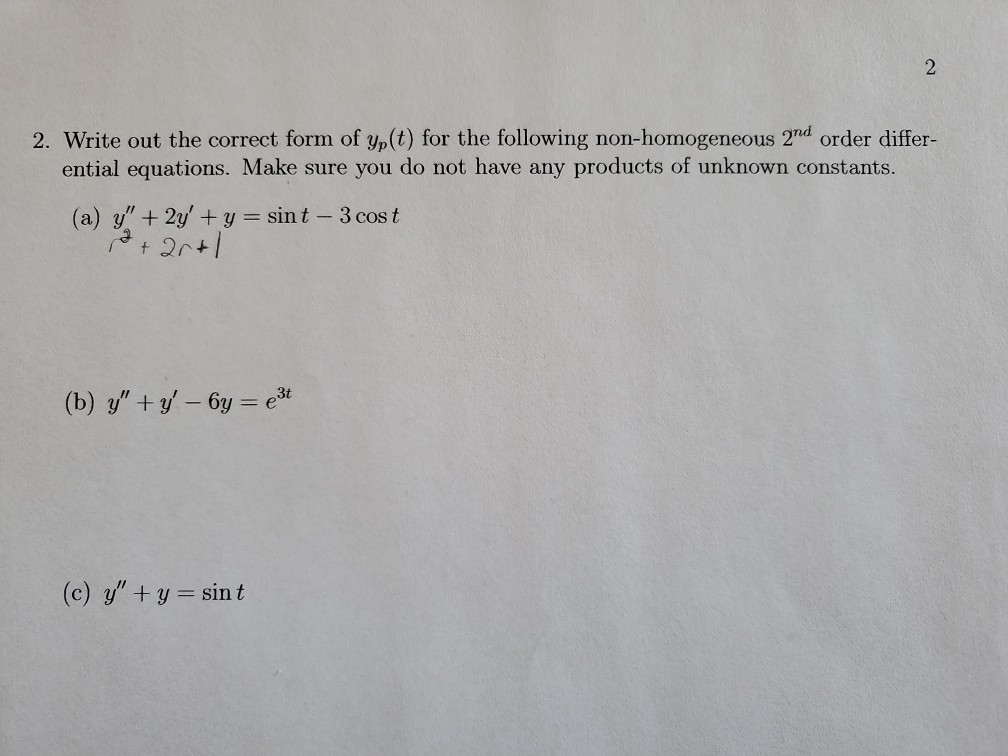 Solved 2. Write out the correct form of yp(t) for the | Chegg.com