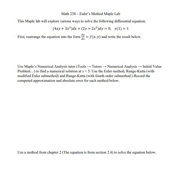 Math 238 - Euler's Method Maple Lab This Maple lab | Chegg.com