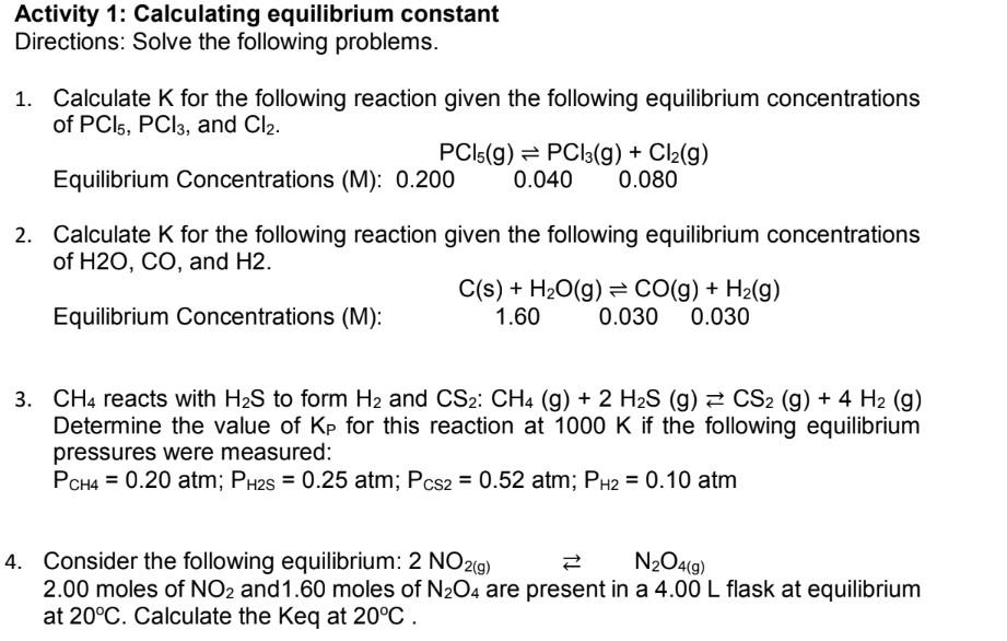 Solved Activity 1: Calculating equilibrium constant | Chegg.com