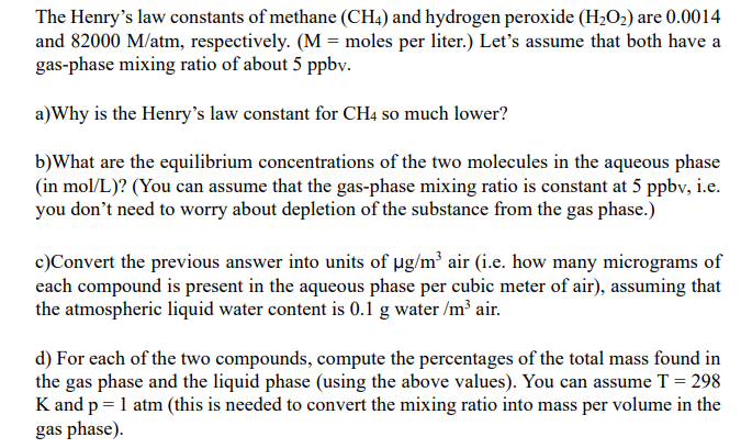 Solved The Henry's law constants of methane (CH4) ﻿and | Chegg.com