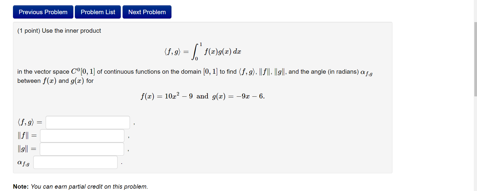 Solved (1 point) Use the inner product f,g =∫01f(x)g(x)dx | Chegg.com