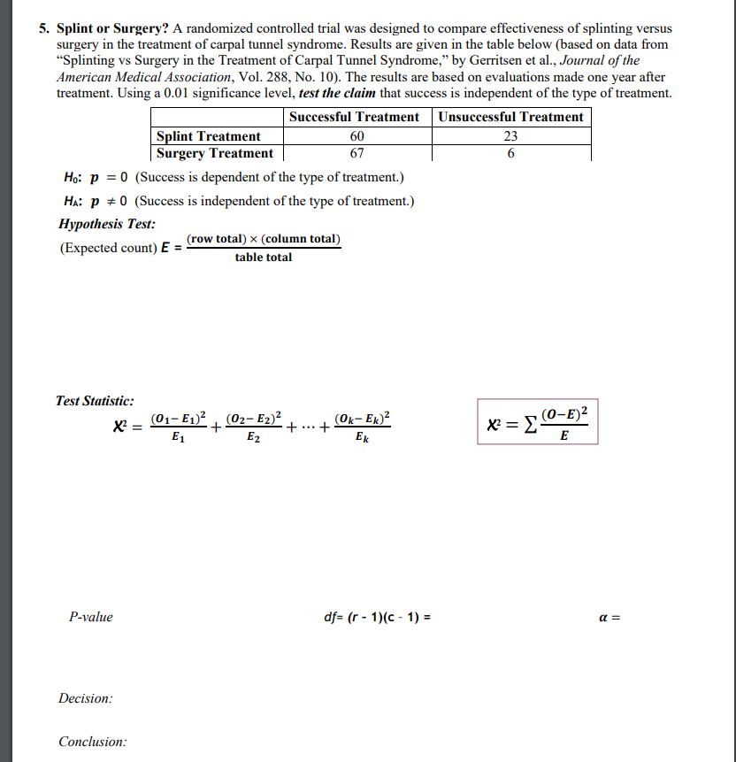 Solved 5. Splint or Surgery? A randomized controlled trial | Chegg.com
