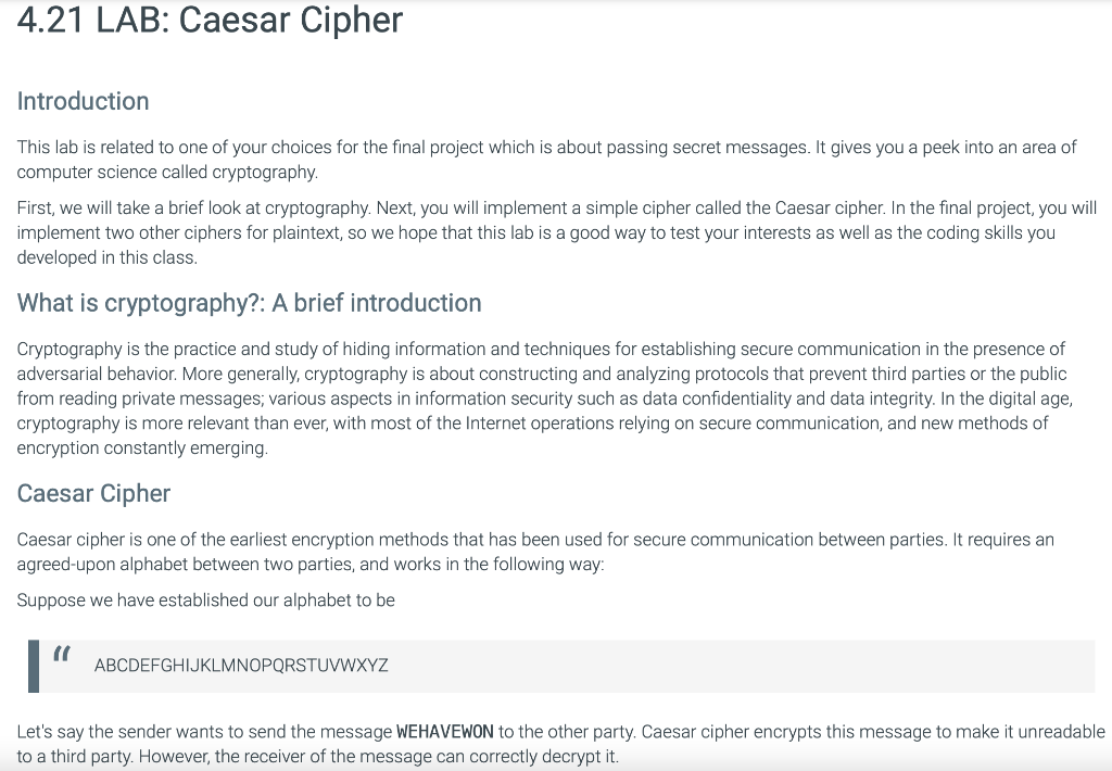 Solved 4.21 LAB: Caesar Cipher Introduction This lab is | Chegg.com