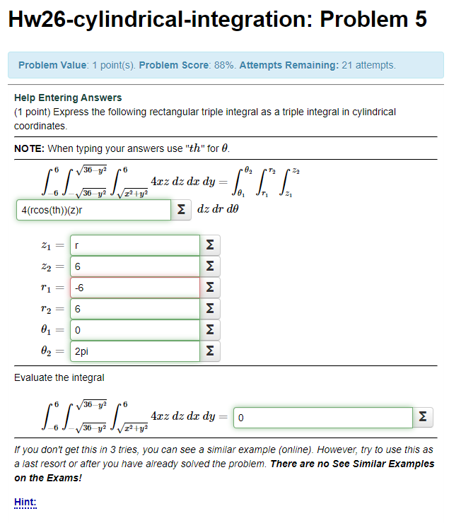 Solved Hw26-cylindrical-integration: Problem 5 Problem | Chegg.com