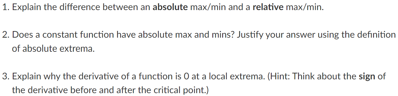 Solved 1. Explain the difference between an absolute max/min | Chegg.com