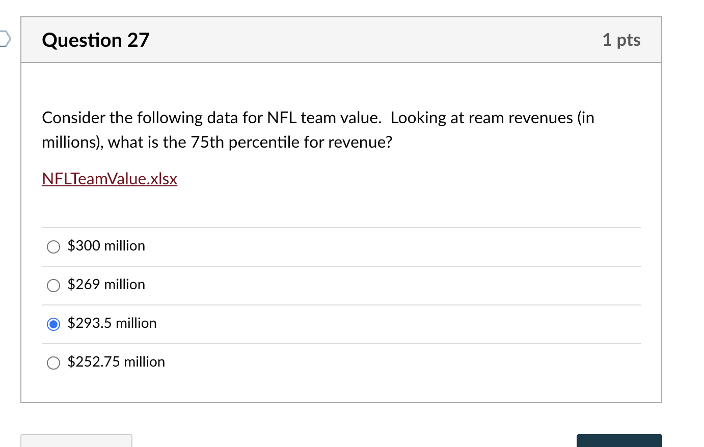 Solved Question 26 1 pts Consider the following data for NFL | Chegg.com