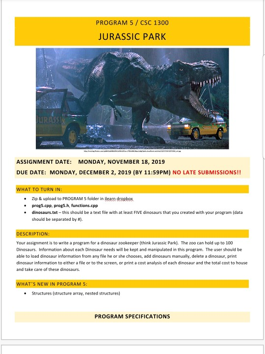 PROGRAM 5 / CSC 1300 JURASSIC PARK ASSIGNMENT DATE: | Chegg.com