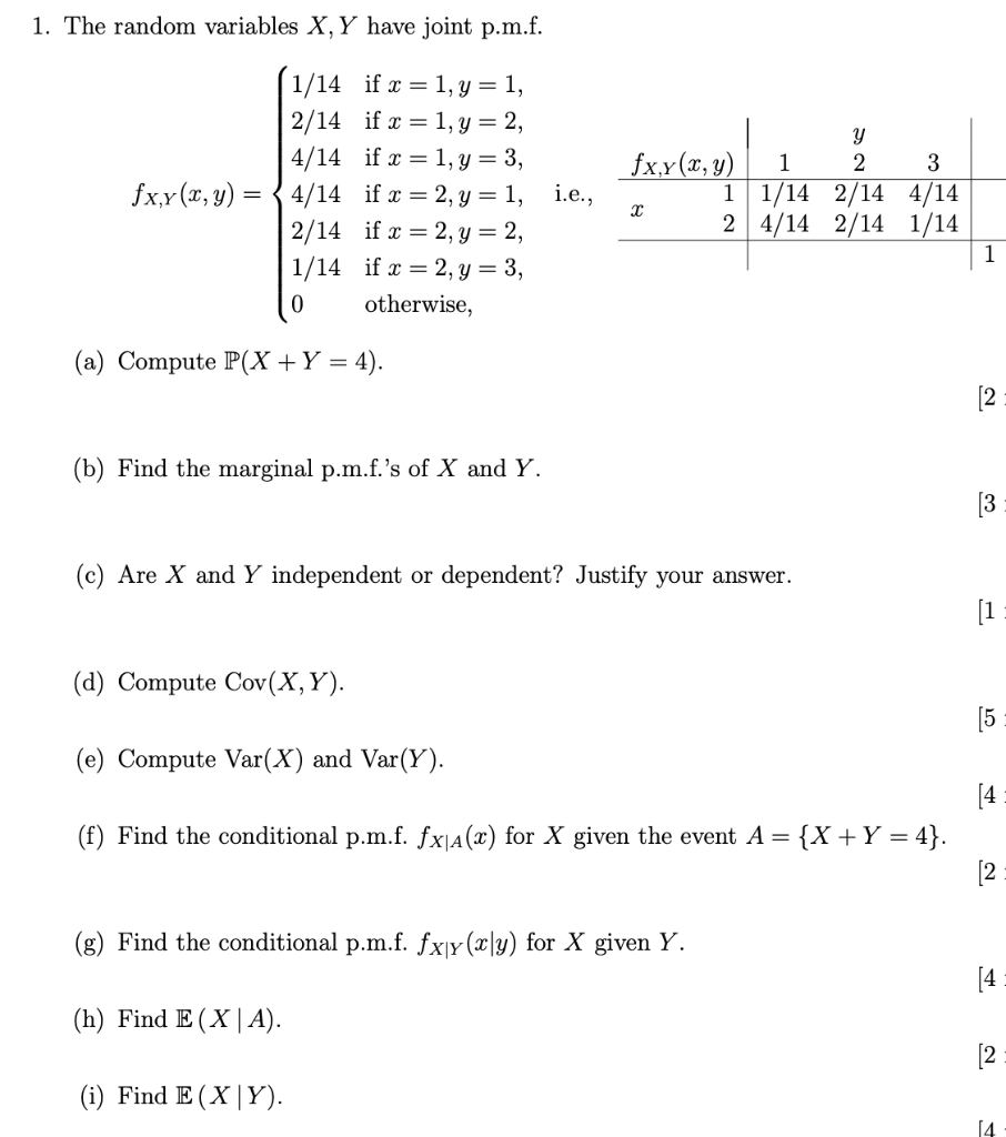Solved 1. The random variables X, Y have joint p.m.f. (1/14 | Chegg.com