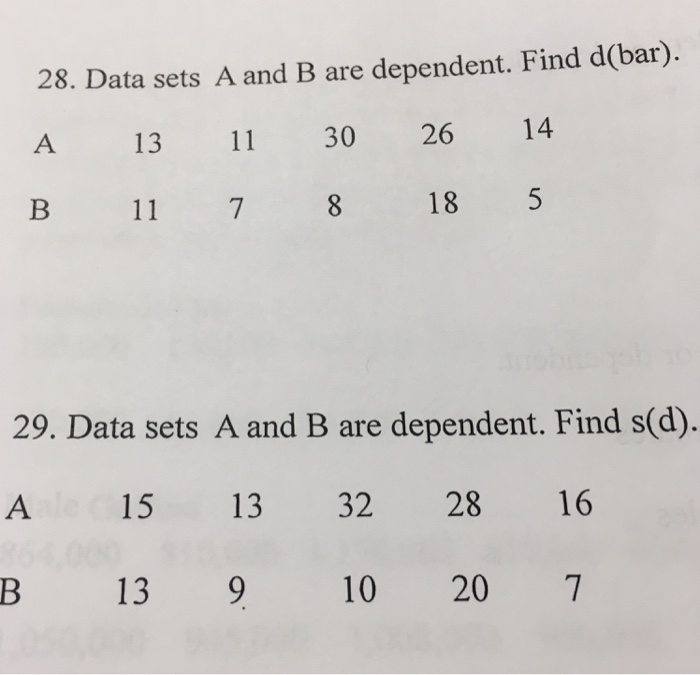 Solved 28. Data sets A and B are dependent. Find d(bar) 13 | Chegg.com