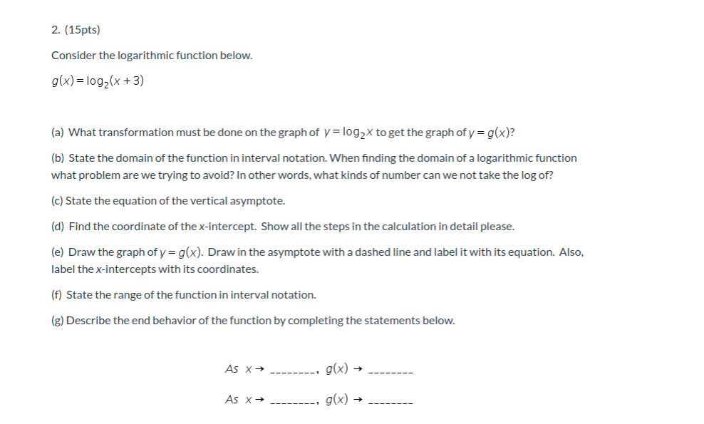 Solved 2. (15pts) Consider the logarithmic function below. | Chegg.com