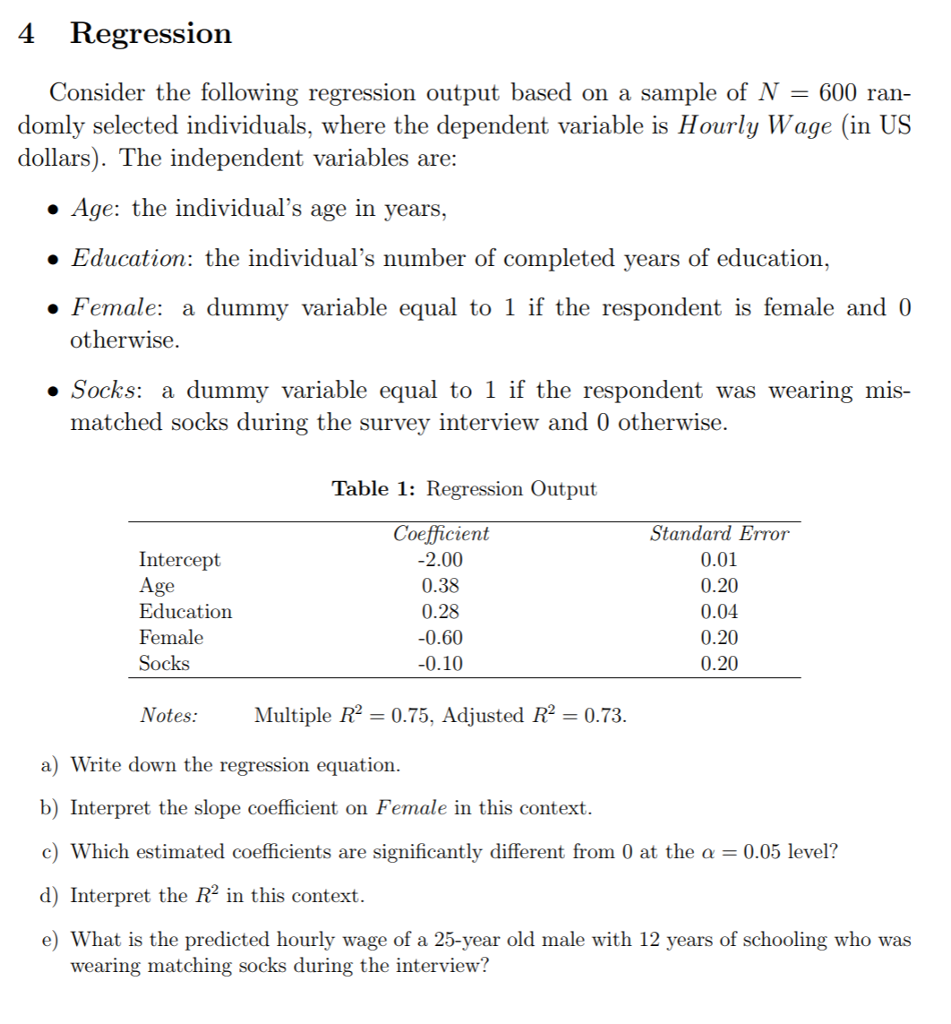 Solved 4 Regression Consider The Following Regression Output