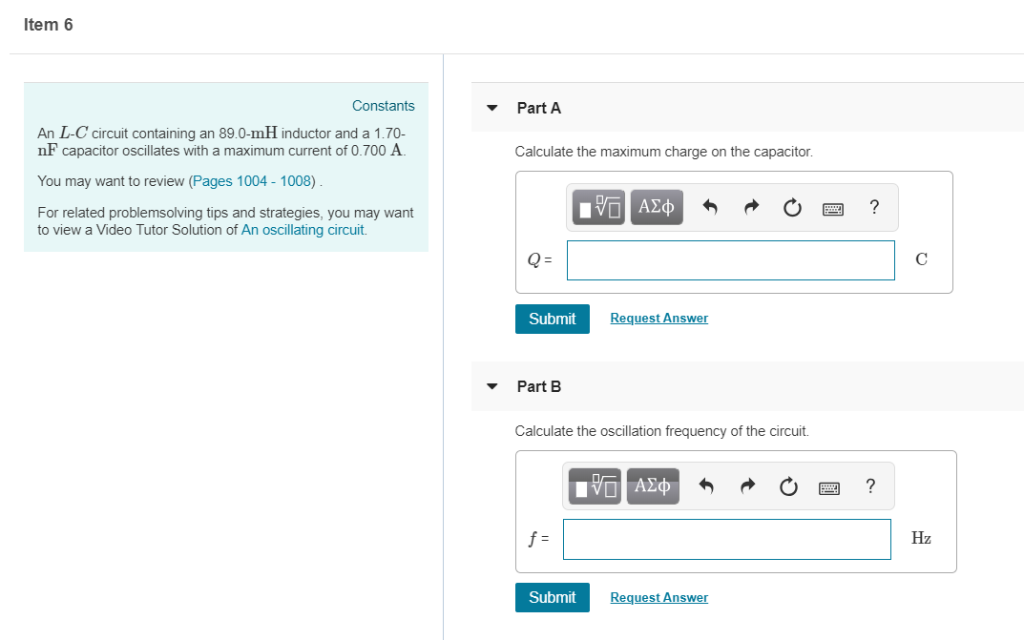 Solved tem 6 Constants Part A An L-C circuit containing an | Chegg.com