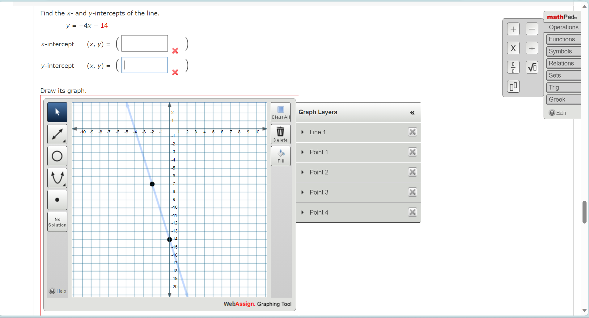 Solved Find the x - and y-intercepts of the line. y=−4x−14 | Chegg.com