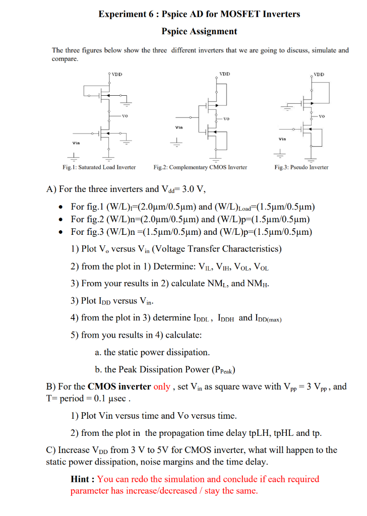 Solved Experiment 6: Pspice AD for MOSFET Inverters Pspice | Chegg.com