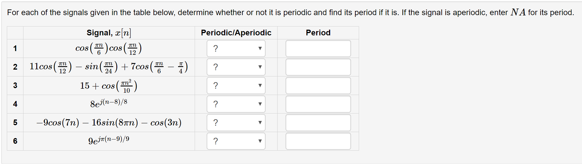 Solved For each of the signals given in the table below, | Chegg.com