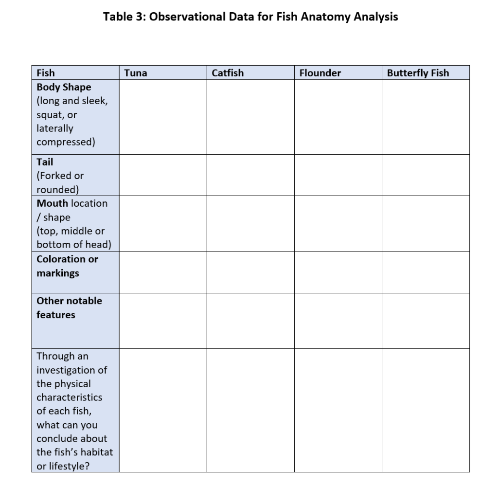 Solved Table 3: Observational Data for Fish Anatomy Analysis | Chegg.com