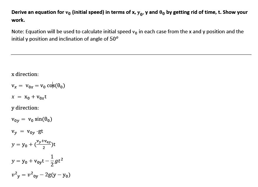 Solved Derive an equation for vo (initial speed) in terms of | Chegg.com