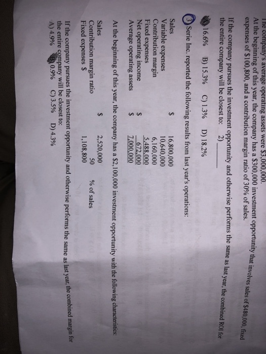 Solved I he company's average operating assets were | Chegg.com