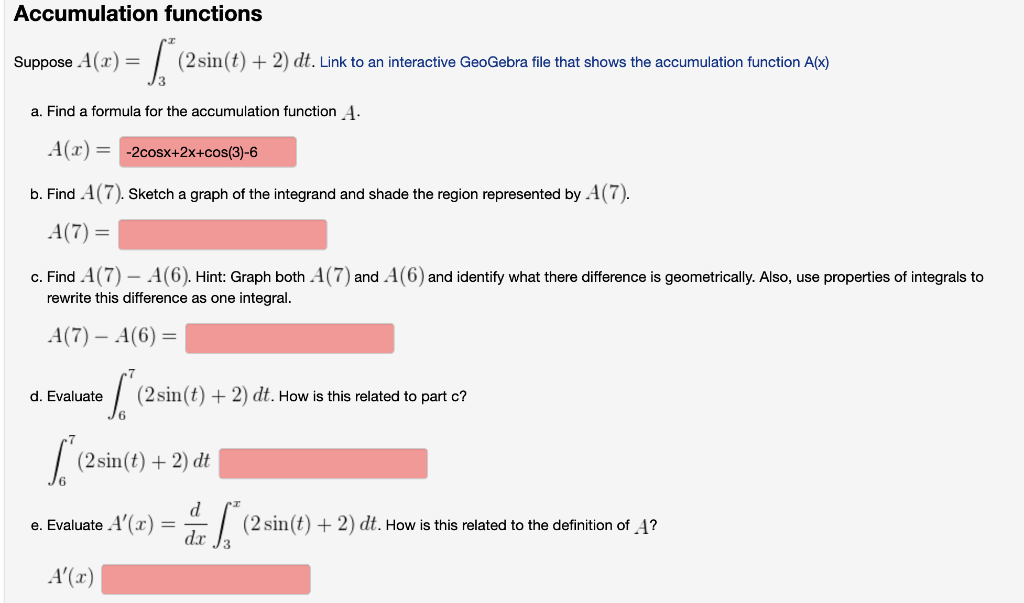 Solved Accumulation functions Suppose A(x) = ſ (2 sin(t) + | Chegg.com