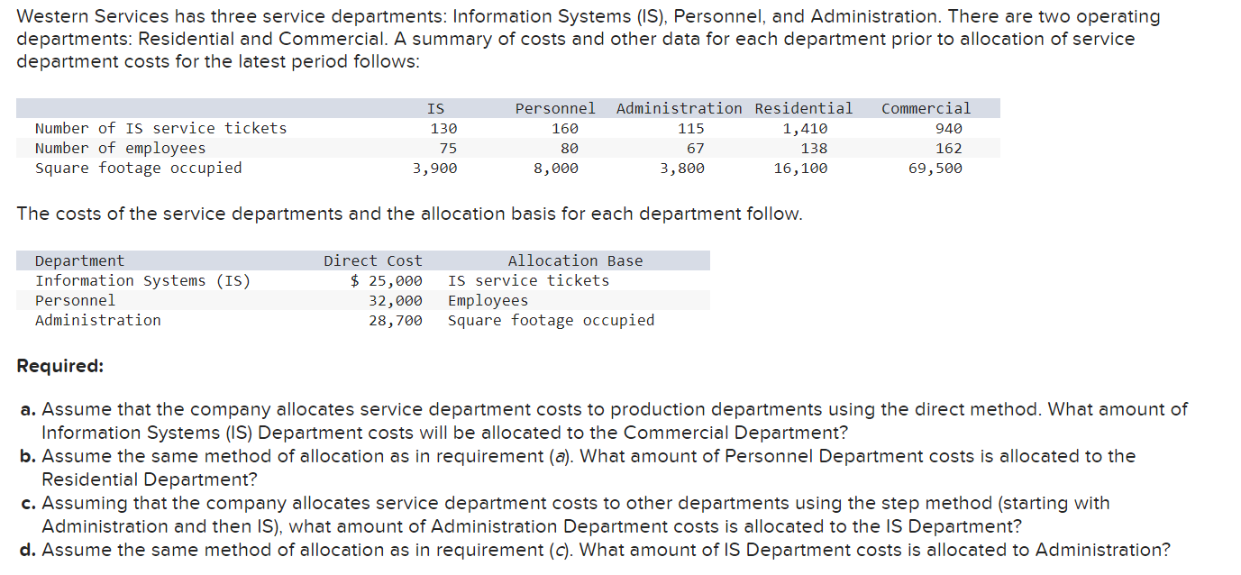 Solved Western Services has three service departments: | Chegg.com
