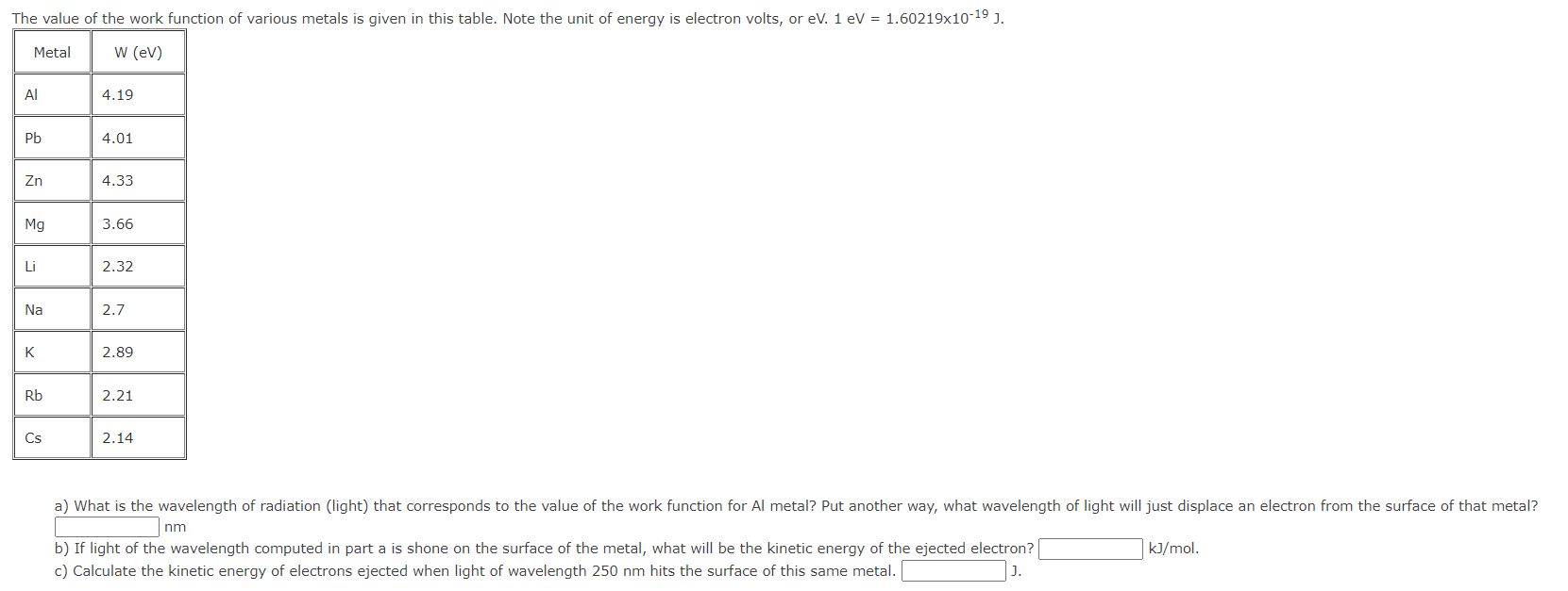 Solved The value of the work function of various metals is | Chegg.com