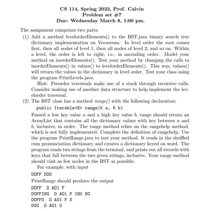 Solved CS 114, Spring 2023, Prof. Calvin Problem set \#7 | Chegg.com