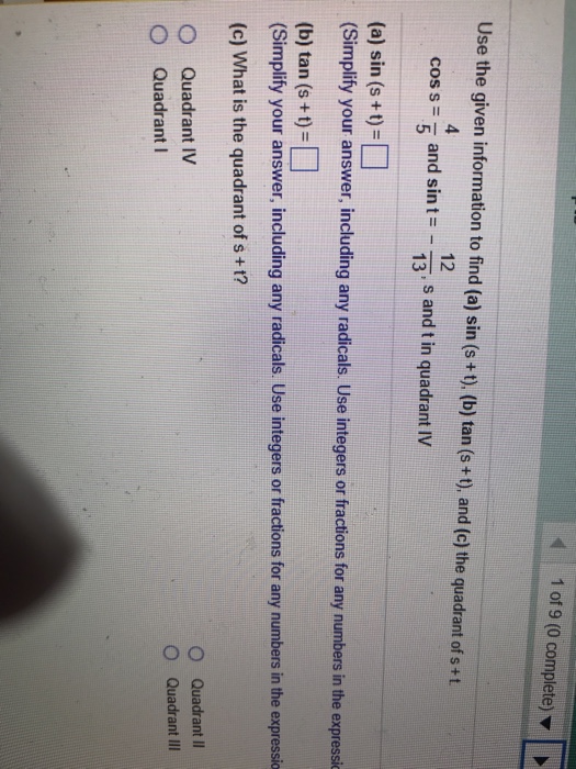 Solved Use the given information to find (a) sin (s + t), | Chegg.com