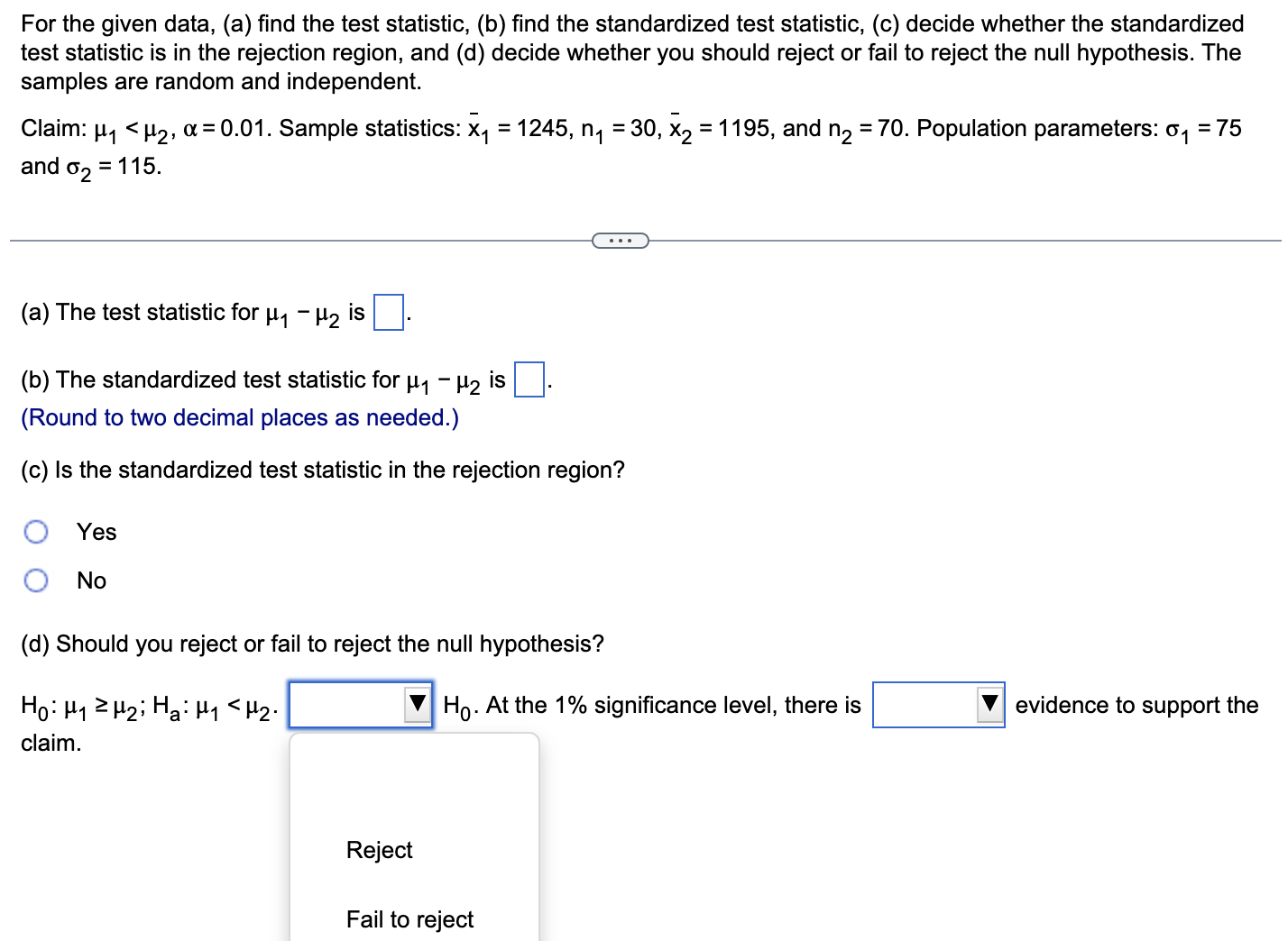Solved For the given data, (a) find the test statistic, (b) | Chegg.com