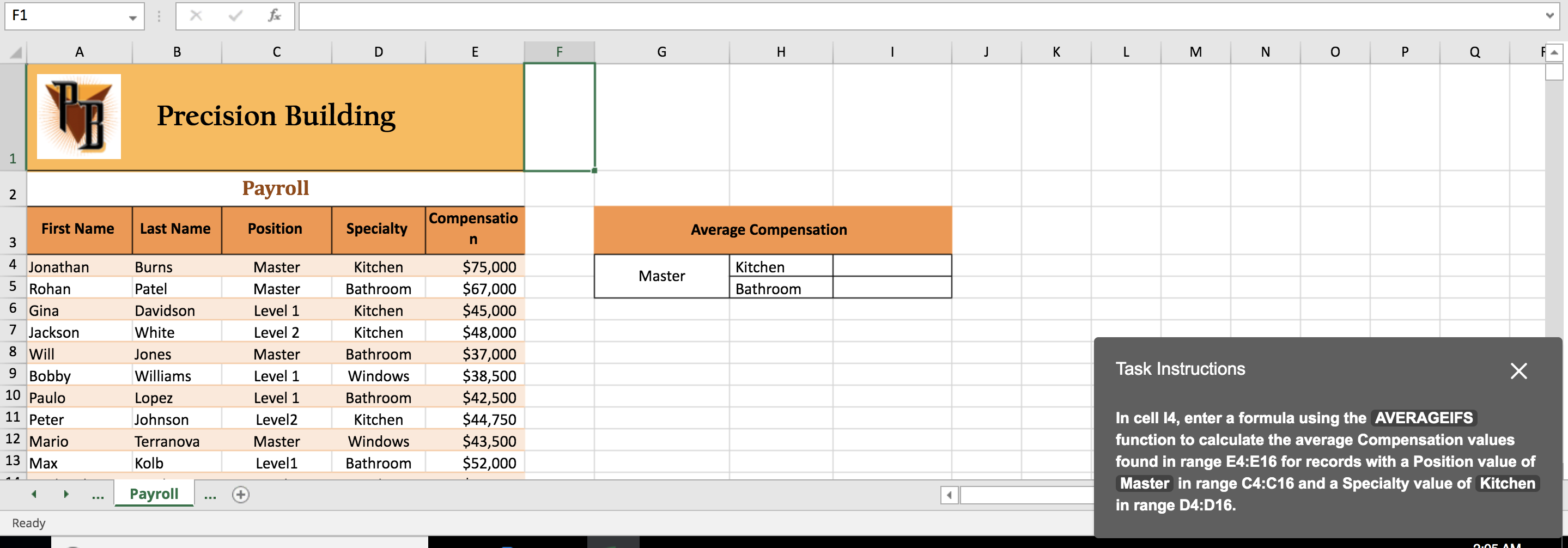 Precision BuildingTask Instructions In cell K1, enter | Chegg.com