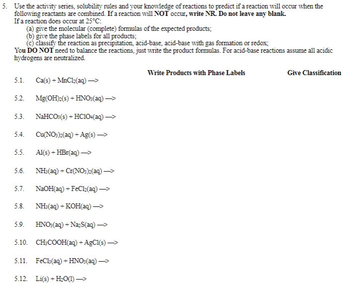 Solved 5. Use the activity series, solubility rules and your | Chegg.com