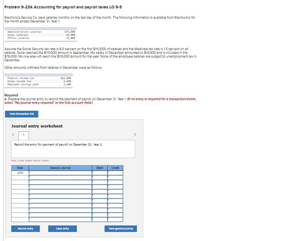 Solved Problem 9-23A Accounting for payroll and payroll | Chegg.com