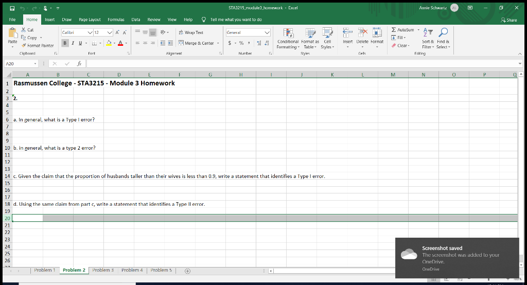 Solved Annie Schwarz S 3 - 0 X Share X Autosum Fill AY O Fe | Chegg.com