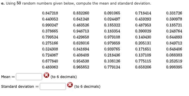 Solved e. Using 50 random numbers given below, compute the | Chegg.com