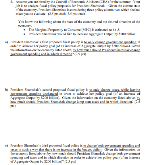 Solved 2. Assume you are hired by the Council of Economic | Chegg.com