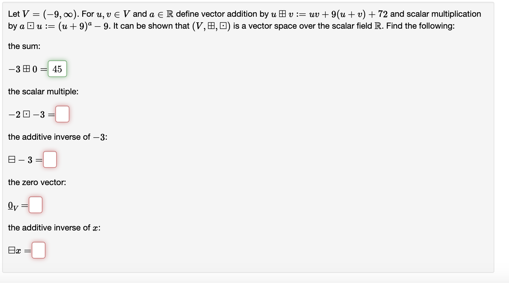 Solved = . Let V (-9,00). For u, ve V and a € R define | Chegg.com